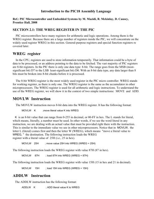 Introduction to the PIC18 Assembly Language