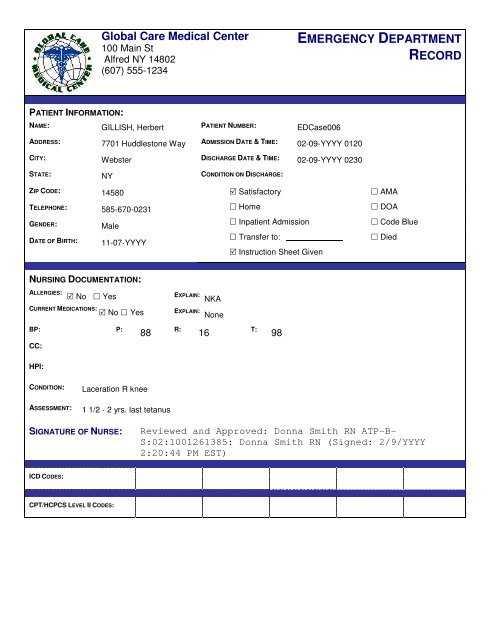 Global Care Medical Center EMERGENCY DEPARTMENT RECORD