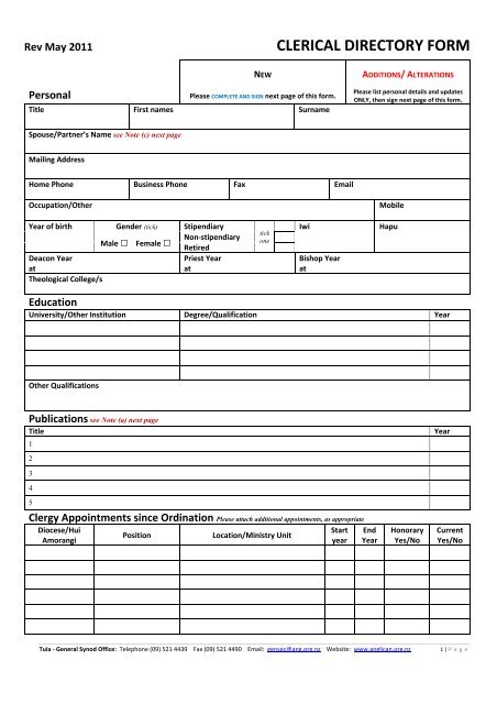 clerical directory form - Anglican Church in Aotearoa, New Zealand ...