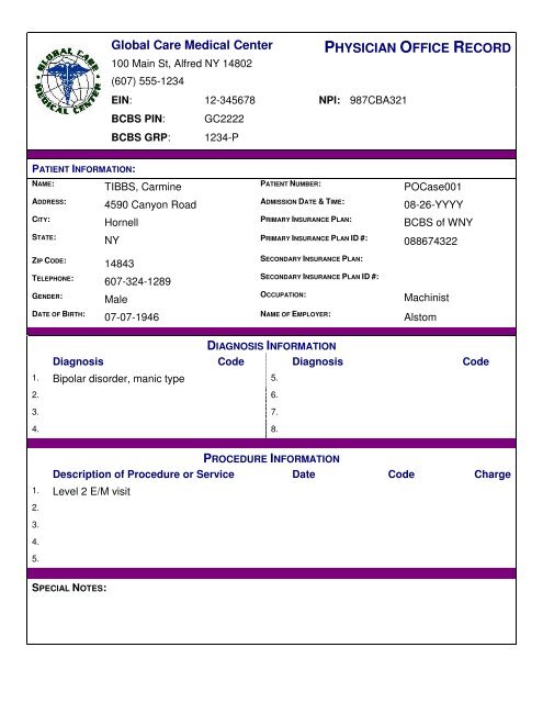 Global Care Medical Center PHYSICIAN OFFICE RECORD