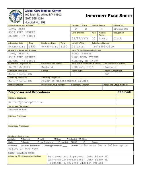INPATIENT FACE SHEET - the Alfred State College intranet site!