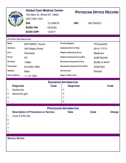 Global Care Medical Center PHYSICIAN OFFICE RECORD