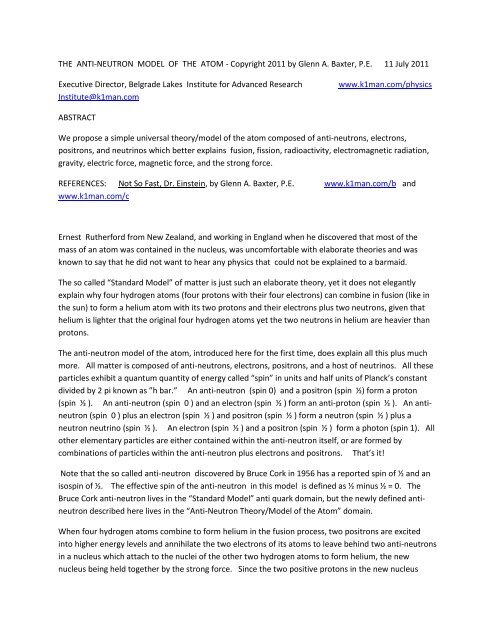 The Anti-Neutron Model of the Atom - Millennium Relativity