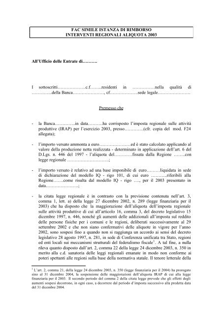 fac simile istanza di rimborso irap - interventi regionaliâ ¦ - Abi