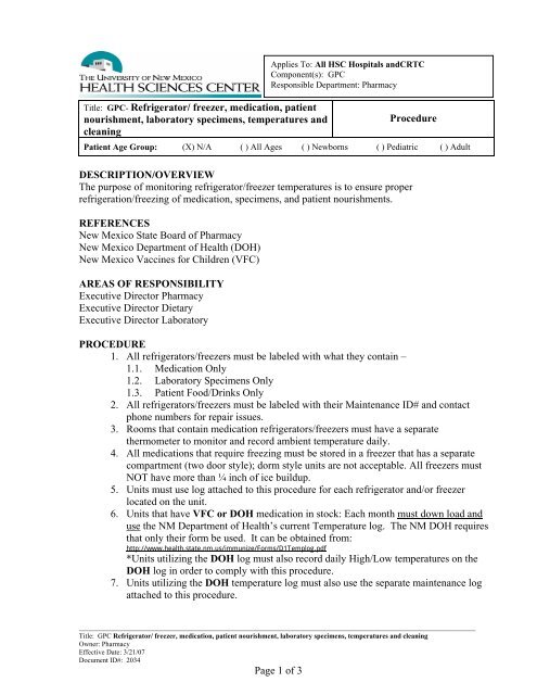 GPC Refrigerator/ freezer, medication, patient nourishment
