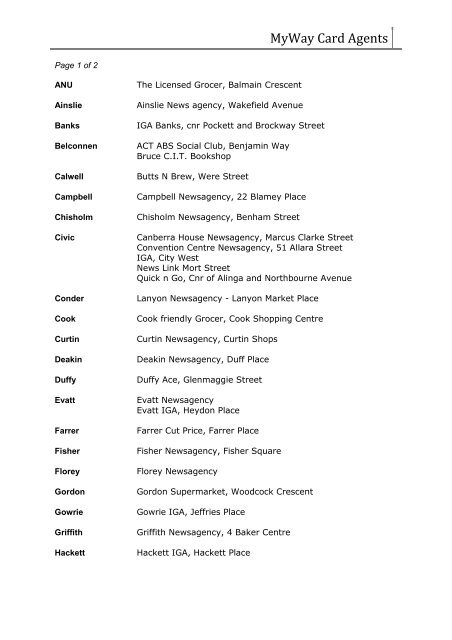 MyWay ticket agents Sept 2012 - Transport for Canberra