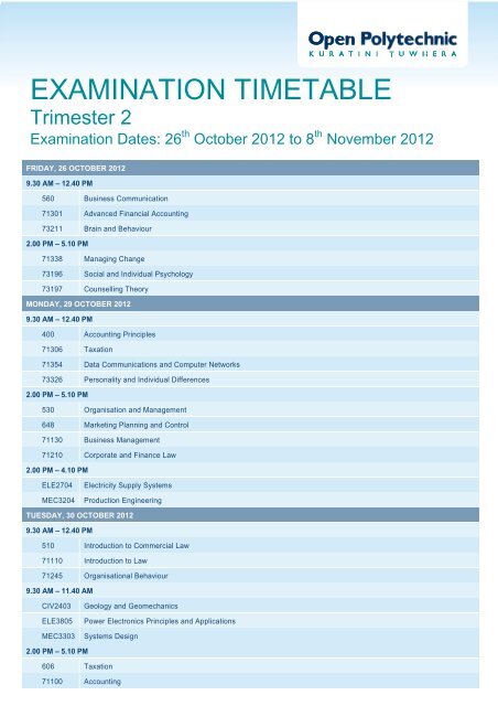 EXAMINATION TIMETABLE - Open Polytechnic