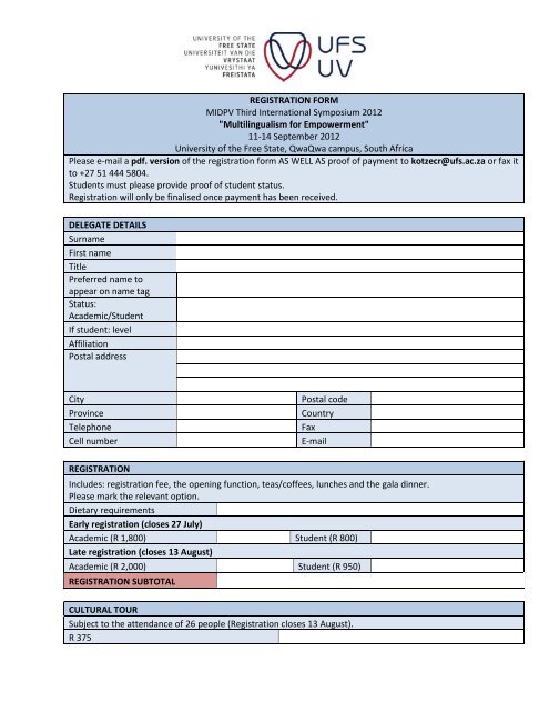registration form - Conferences - University of the Free State