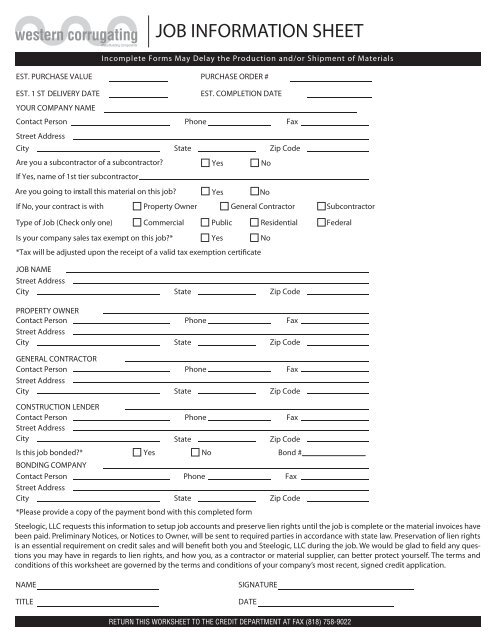 JOB INFORMATION SHEET - Western Corrugating