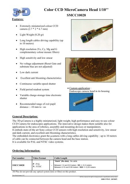 Color CCD MicroCamera Head 1/10'' SMCC10028 - 3D Plus