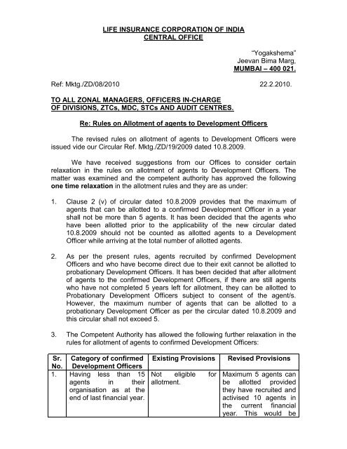 Allotment of agents to Development Officers - NFIFWI