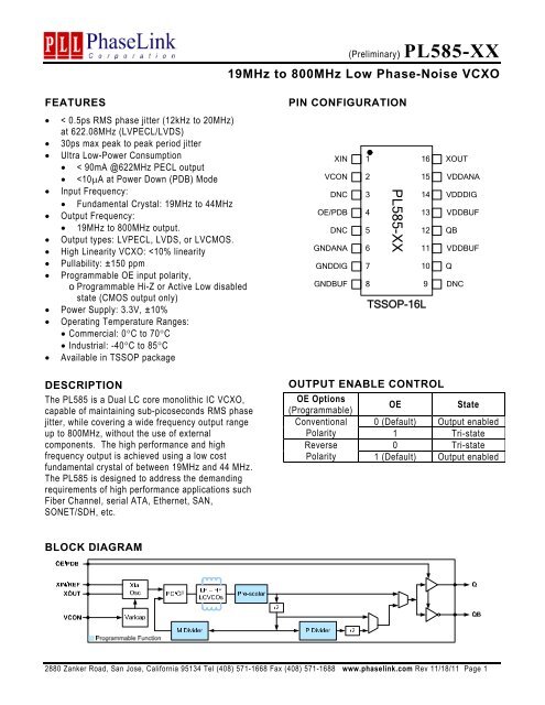 19MHz to 800MHz Low Phase-Noise VCXO - Phaselink.com