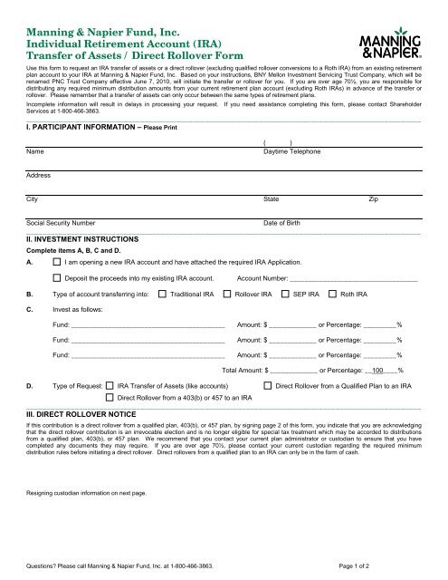 IRA Transfer of Assets Form - Manning & Napier