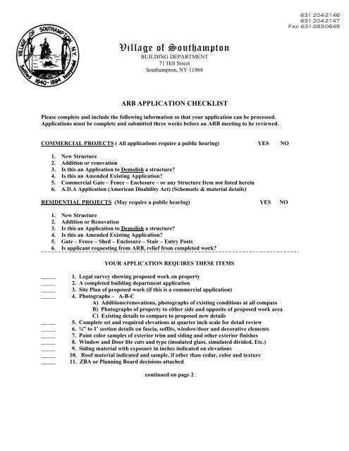 ARB Application Checklist - Southampton Village