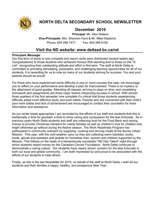 NORTH DELTA SECONDARY SCHOOL NEWSLETTER December ...