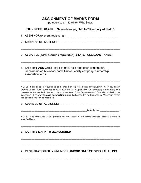 ASSIGNMENT OF MARKS FORM - Burnett County