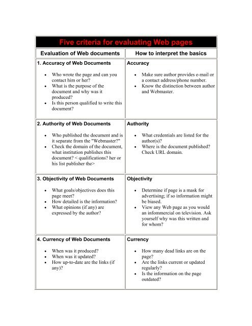Five criteria for evaluating Web pages - CIBACS Five criteria for evaluating Web pages - CIBACS