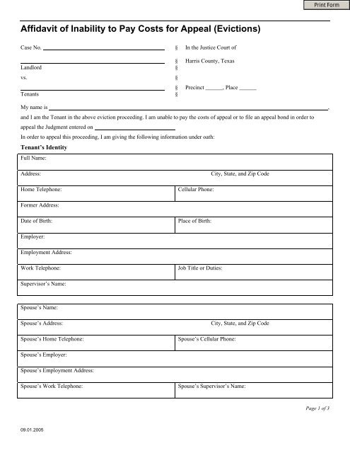 Affidavit of Inability to Pay Costs for Appeal (Evictions)