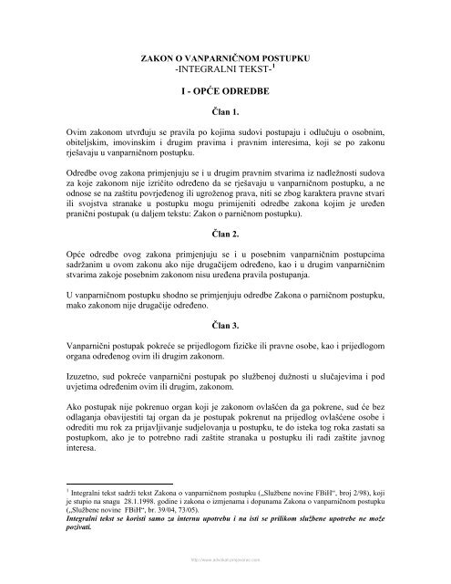 ZAKON O VANPARNIČNOM POSTUPKU FBiH - Integralni
