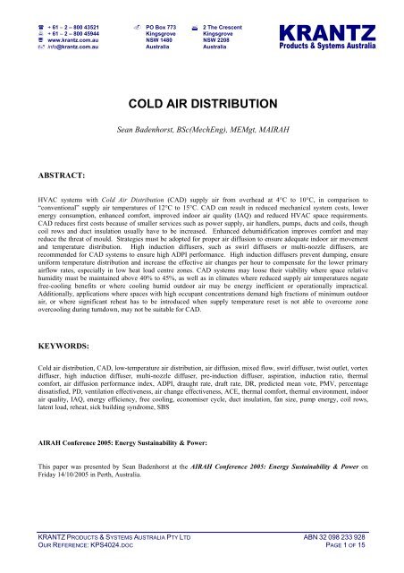 COLD AIR DISTRIBUTION - Krantz Products and Systems Australia