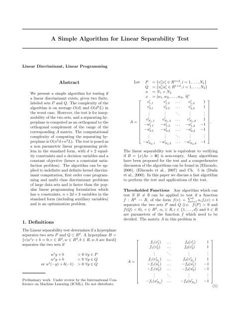 A Simple Algorithm For Linear Separability Test Machine Learning