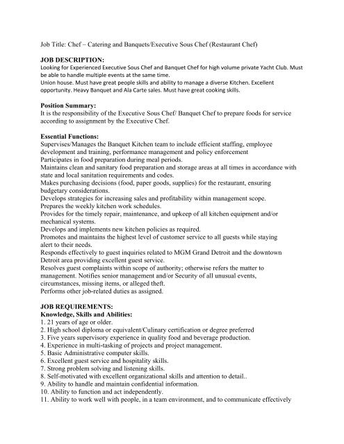 Catering Executive Chef Job Description