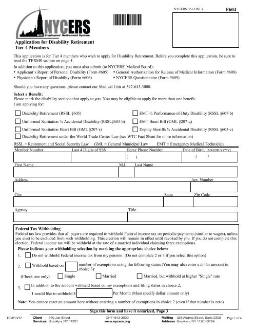 F604 Application for Disability Retirement Tier 4 Members - NYCERS