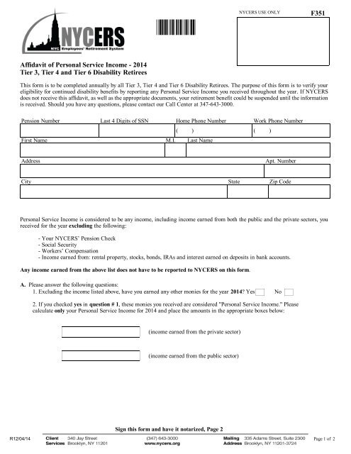 F351 Affidavit of Personal Service Income - 2012 Tier 3 ... - NYCERS