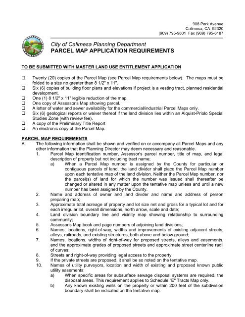 Parcel Map - Tentative/Final Requirements - City of Calimesa