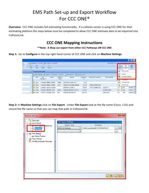 EMS Path Set-up and Export Workflow For CCC ONE - OEConnection