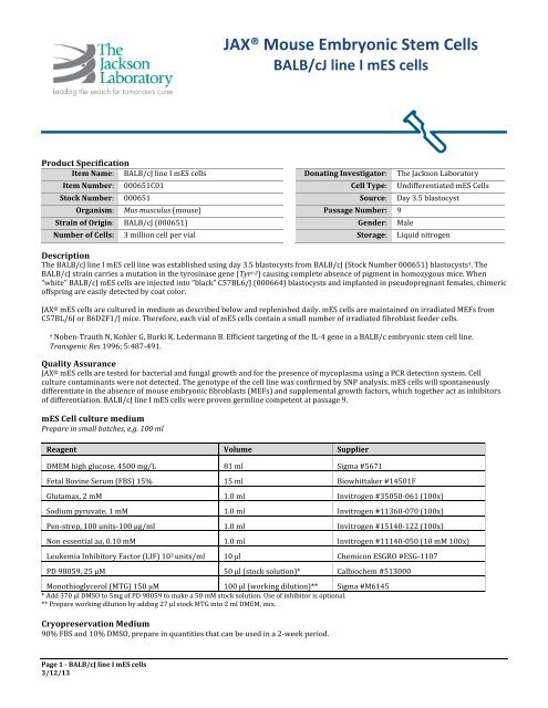 spec sheet - JAX Mice and Services - The Jackson Laboratory