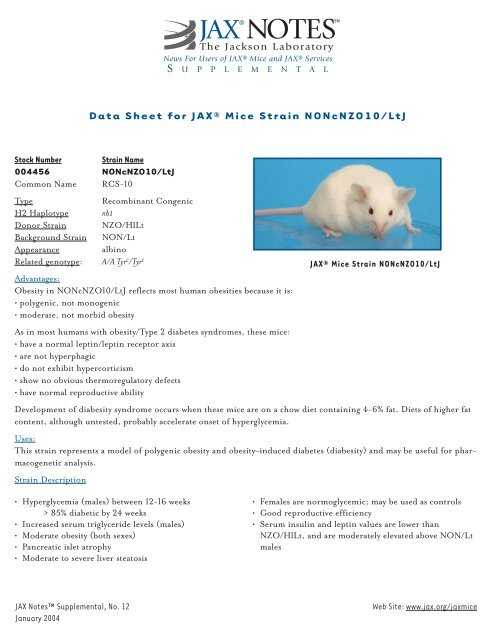 JAX NOTES supplemental - data sheet for JAX Mice strain ...