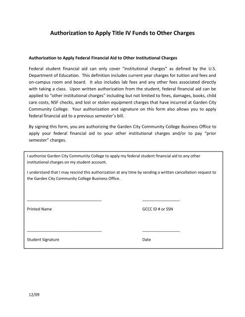 Authorization to Apply Title IV Funds to Other Charges - Garden City ...