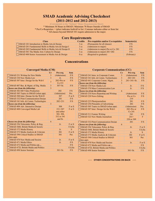 SMAD Academic Advising Checksheet - School of Media Arts ...