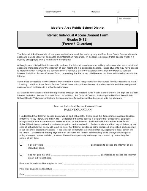 Parent/Guardian Internet Individual Access Consent Form (Grades 5 ...
