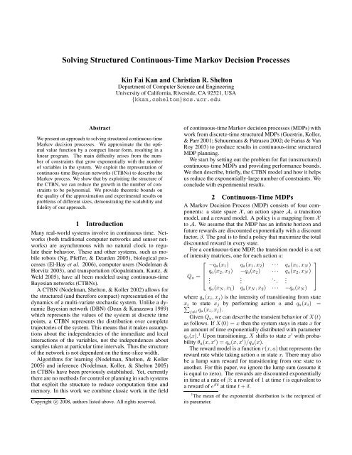 Solving Structured Continuous-Time Markov Decision Processes Solving Structured Continuous-Time Markov Decision Processes