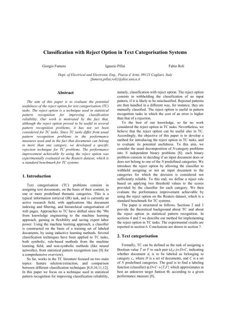 Classification With Reject Option In Text Categorisation Systems