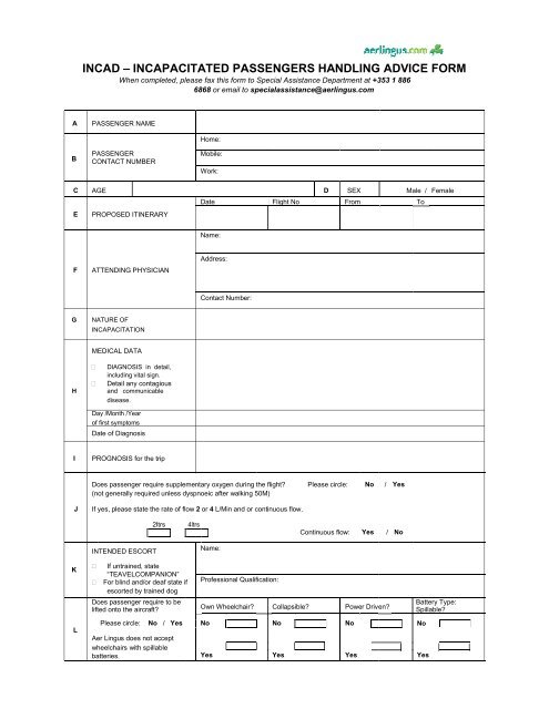 incad – incapacitated passengers handling advice form - Aer Lingus