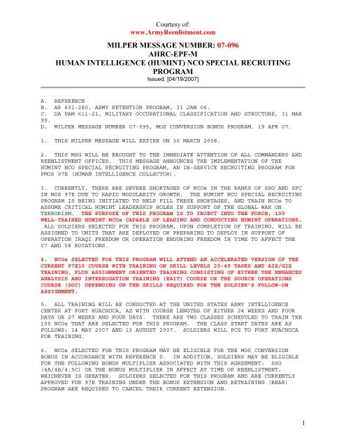 milper message number - ArmyReenlistment.com
