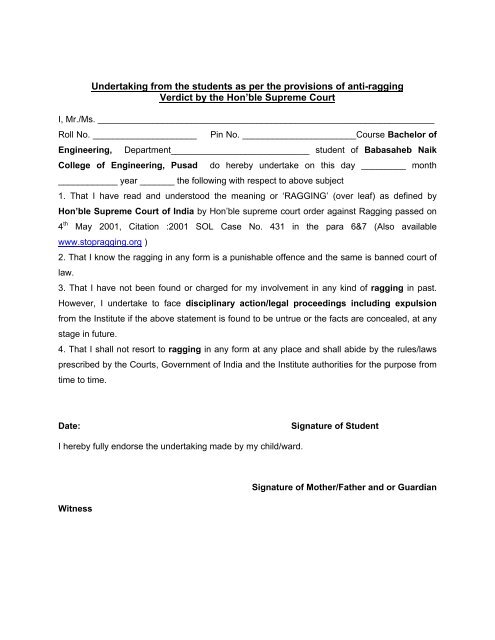 Undertaking from the students as per the provisions of anti-ragging ...