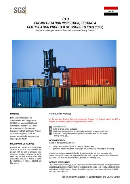 iraq pre-importation inspection, testing & certification program of ...