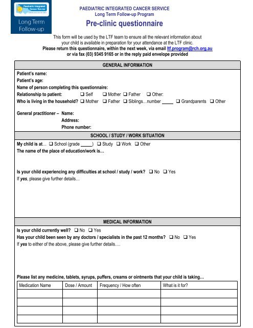 Sample pre-clinic questionnaire - Paediatric Integrated Cancer Service