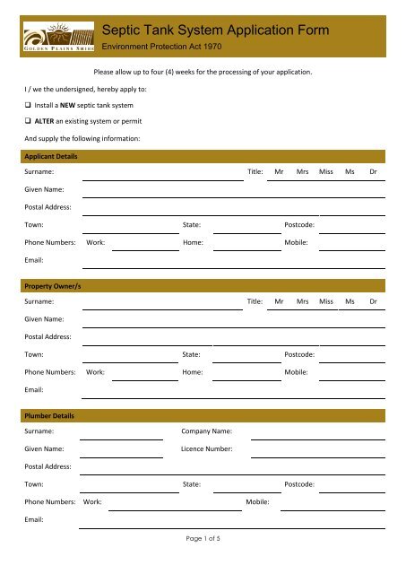Septic Tank System Application Form - Golden Plains Shire