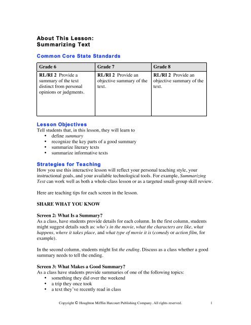 About This Lesson: Summarizing Text