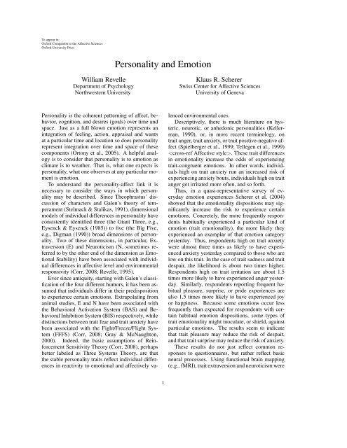 Personality and Emotion - The Personality Project