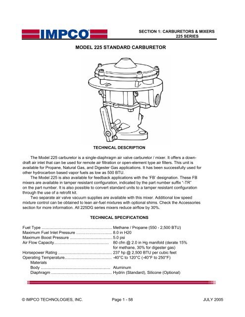 MODEL 225 STANDARD CARBURETOR - Teeco Products, Inc.