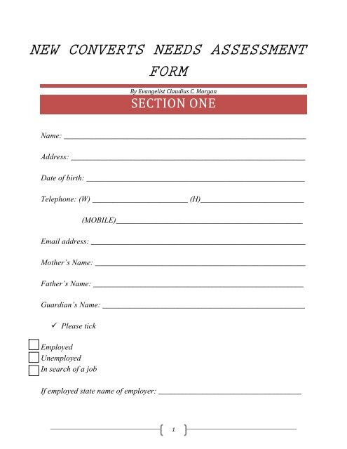new converts needs assessment form - Good News Gospel Explosion