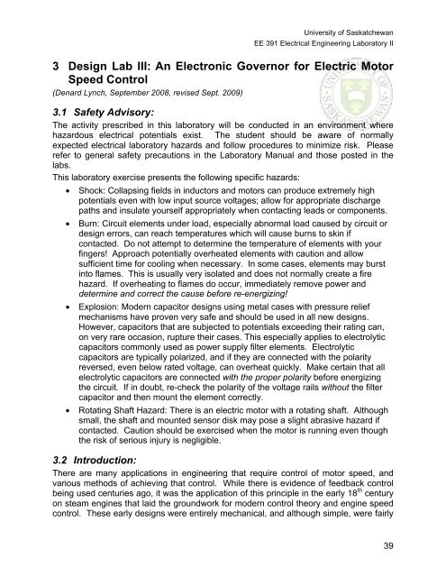3 Design Lab III: An Electronic Governor for Electric Motor Speed ...