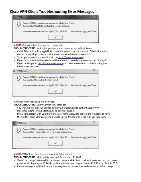 Cisco VPN Client Troubleshooting Error Messages