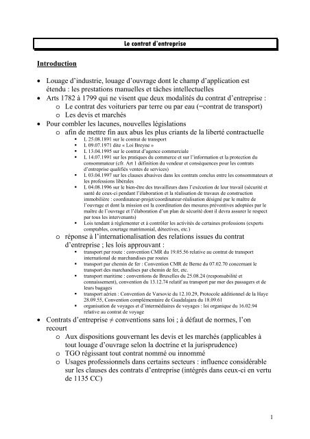 Le contrat d'entreprise Introduction â ¢ Louage d ... - WERENNE.net